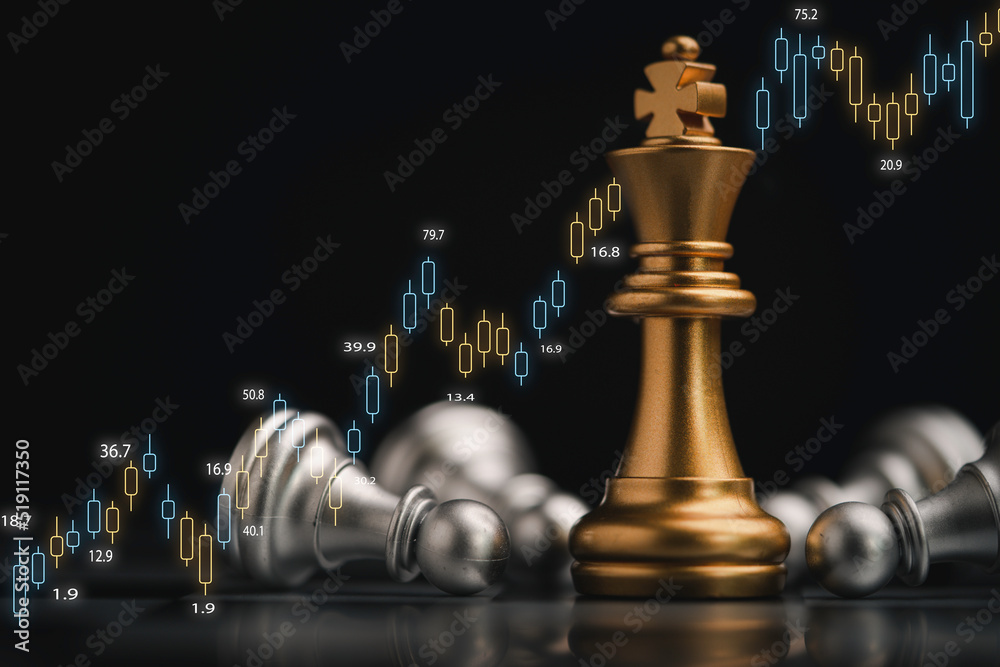 Golden king standing and silver pawn chess falling with stock market ...