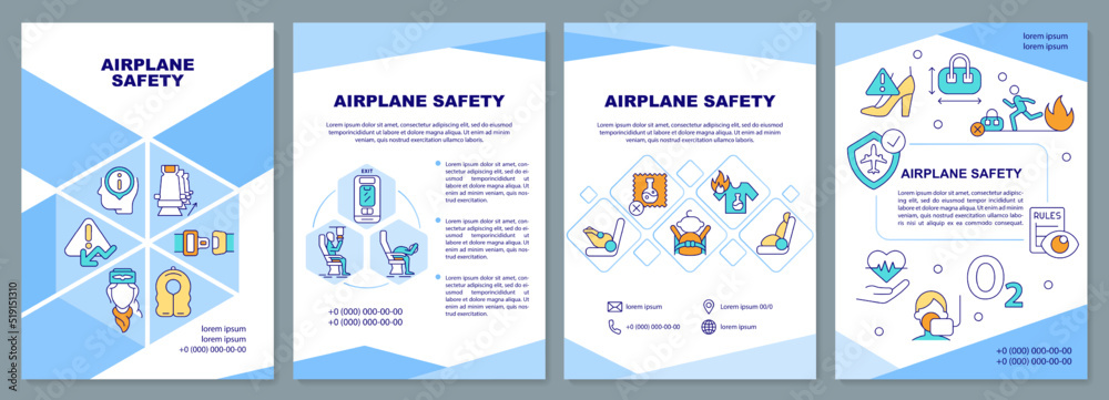 Airplane safety blue brochure template. Emergency evacuation. Leaflet ...