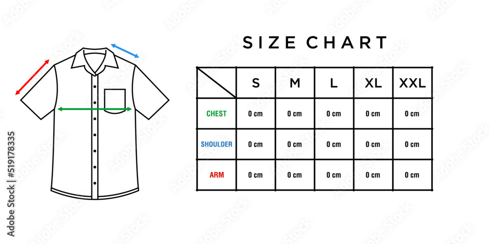 Short Sleeve Shirt With Button And Collar Sizing Chart Table Vector