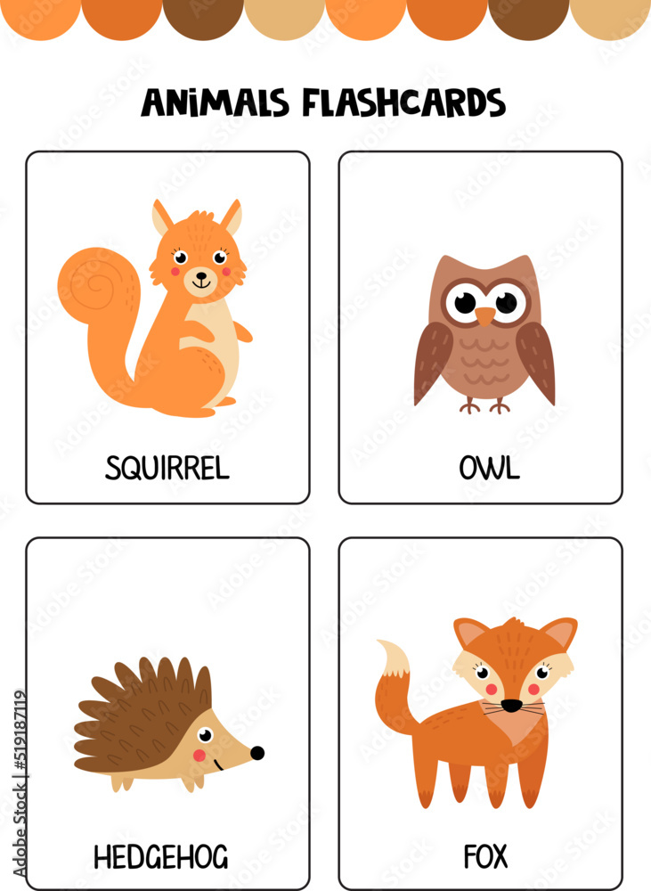 Cute wild animals with names. Flashcards for children. Stock Vector ...