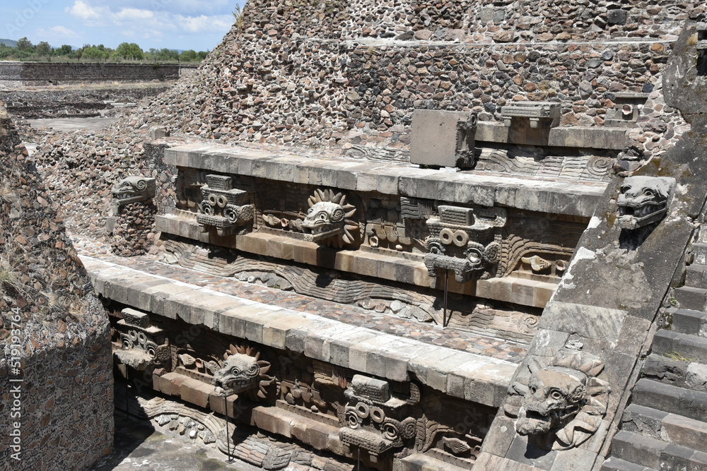 Quetzalcoatl and Tlaloc Relief Busts on Pyramid of the Feathered ...