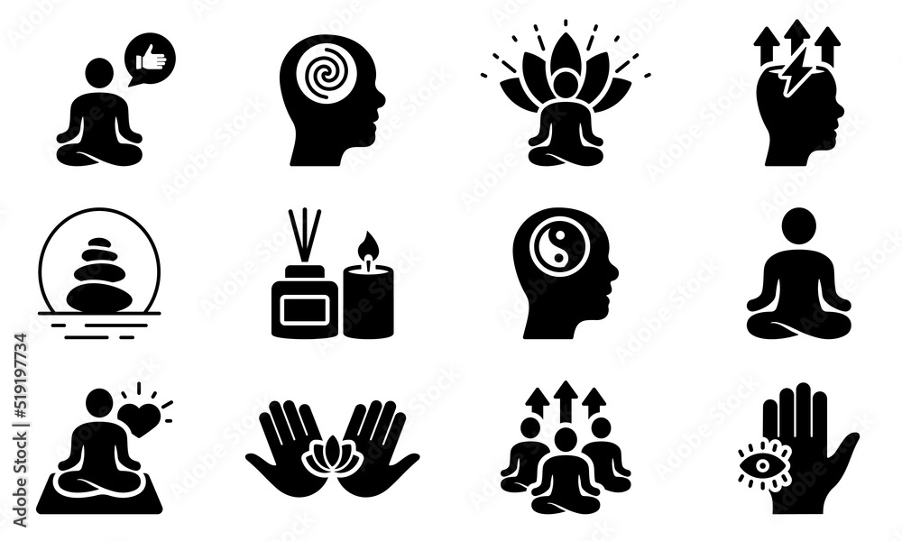 Meditation Relax Balance Aromatherapy Icon Set. Yoga in Lotus Pose ...