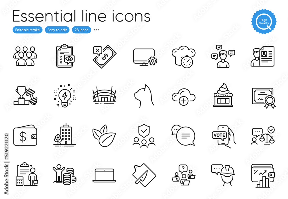 Cooking timer, Wallet and Certificate line icons. Collection of ...