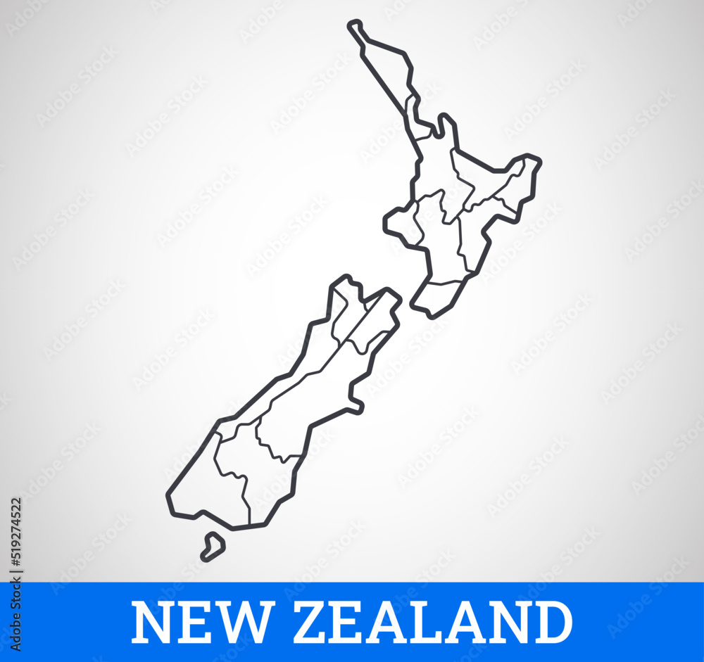 Simple outline map of New Zealand with regions. Vector graphic ...