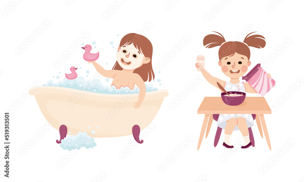 Cute little girl daily routine. Cute kid eating breakfast and bathing ...