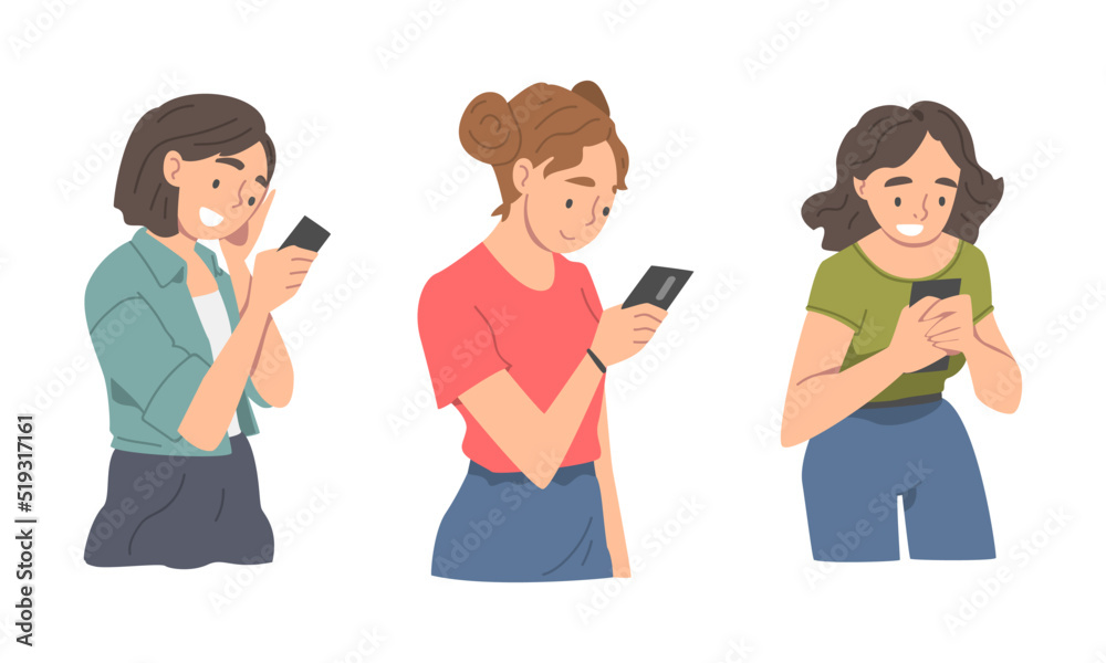 Young people using smartphones set. Cheerful girls looking at phone ...