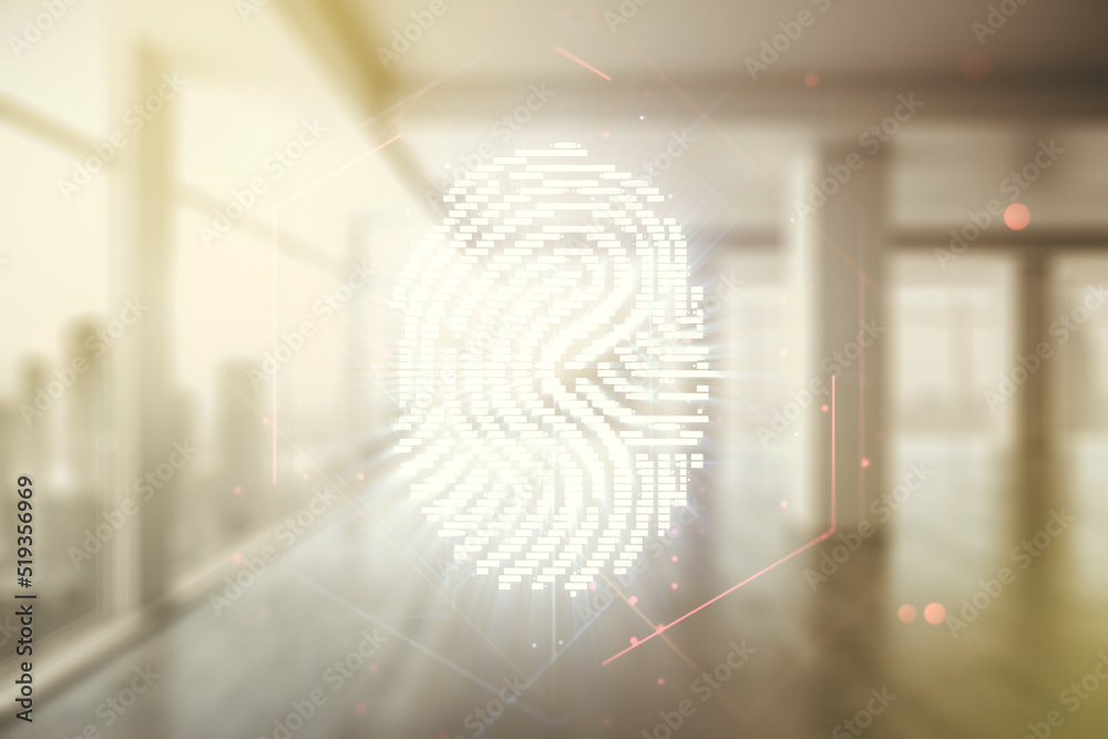 Double exposure of virtual creative fingerprint hologram on empty room ...