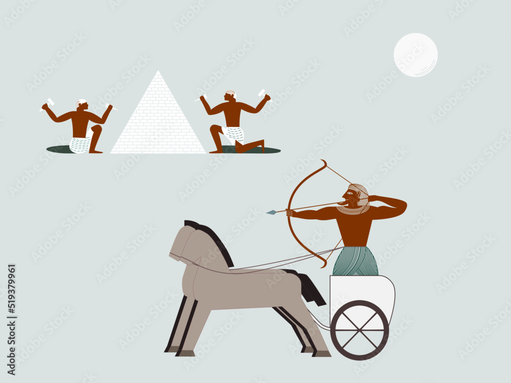 Egyptian pharaoh riding in chariot; ancient construction workers ...