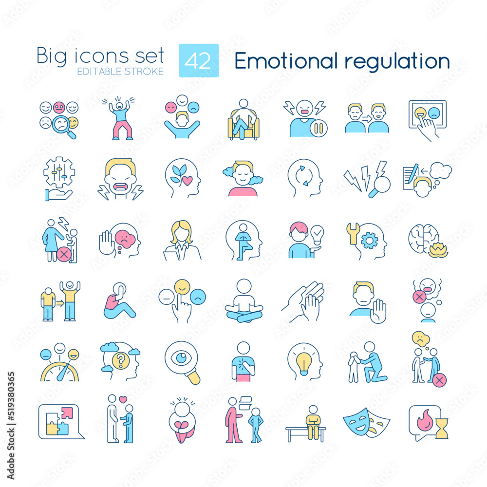 Emotional regulation RGB color icons set. Control and manage feelings ...