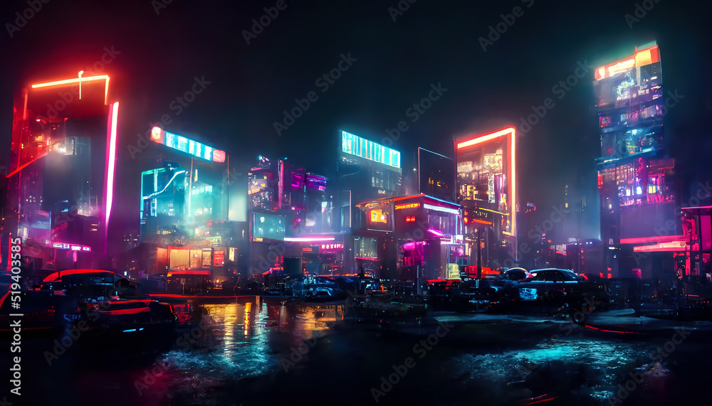Night city, neon lights of the metropolis. Reflection of neon lights in ...