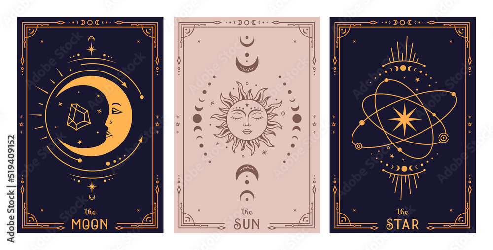 Mystical tarot card sun moon and star. Celestial poster design. Boho ...