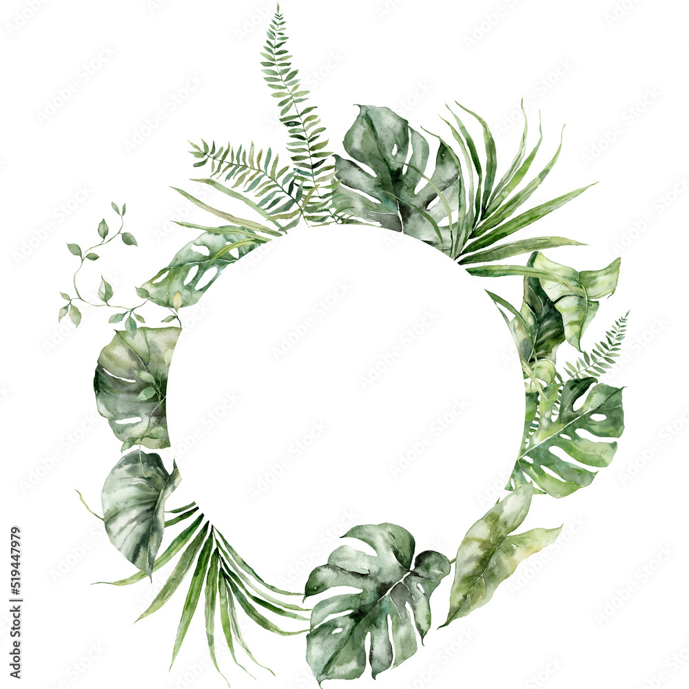 Watercolor tropical leaves circle frame of monstera, banana and fern ...