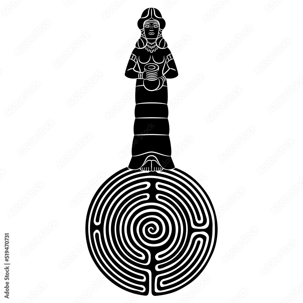 Mesopotamian goddess holding water jar standing on a round spiral maze ...