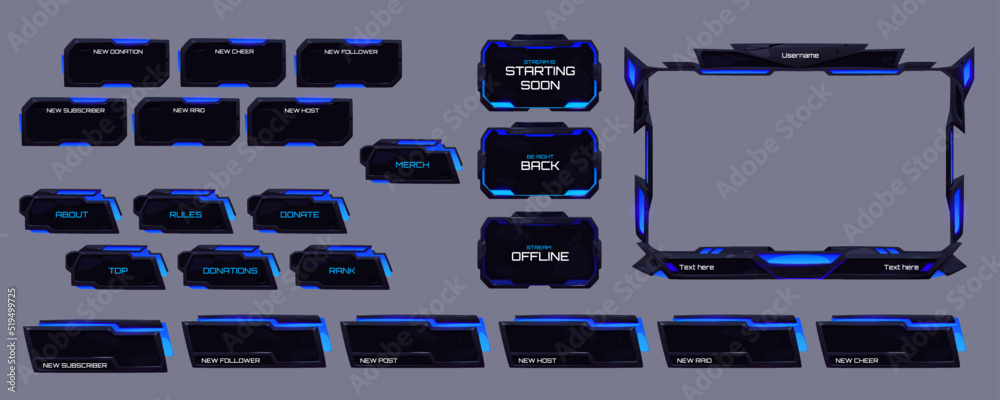 Game stream overlay, ui frame with blue neon glow. Twitch streaming ...