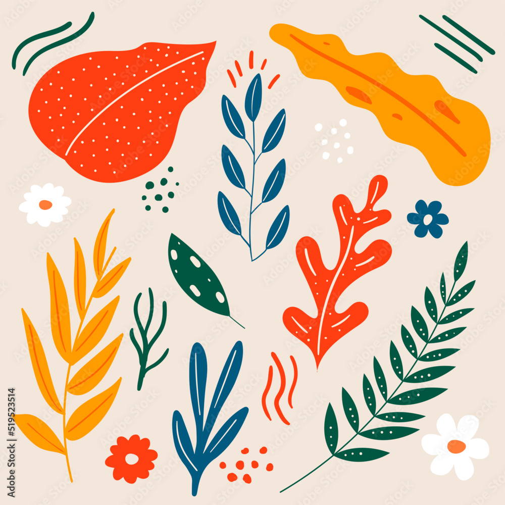 Set of hand drawn leaves and flowers. Clipart set. Lines, wavy lines ...