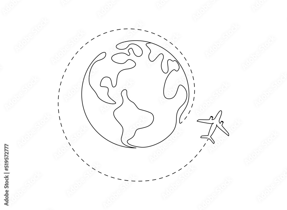 One continuous line drawing of Earth globe with airplane and dach path ...