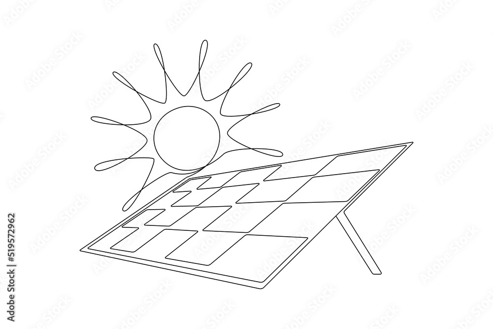 One continuous line drawing of Solar panel with sun. Green clean energy ...