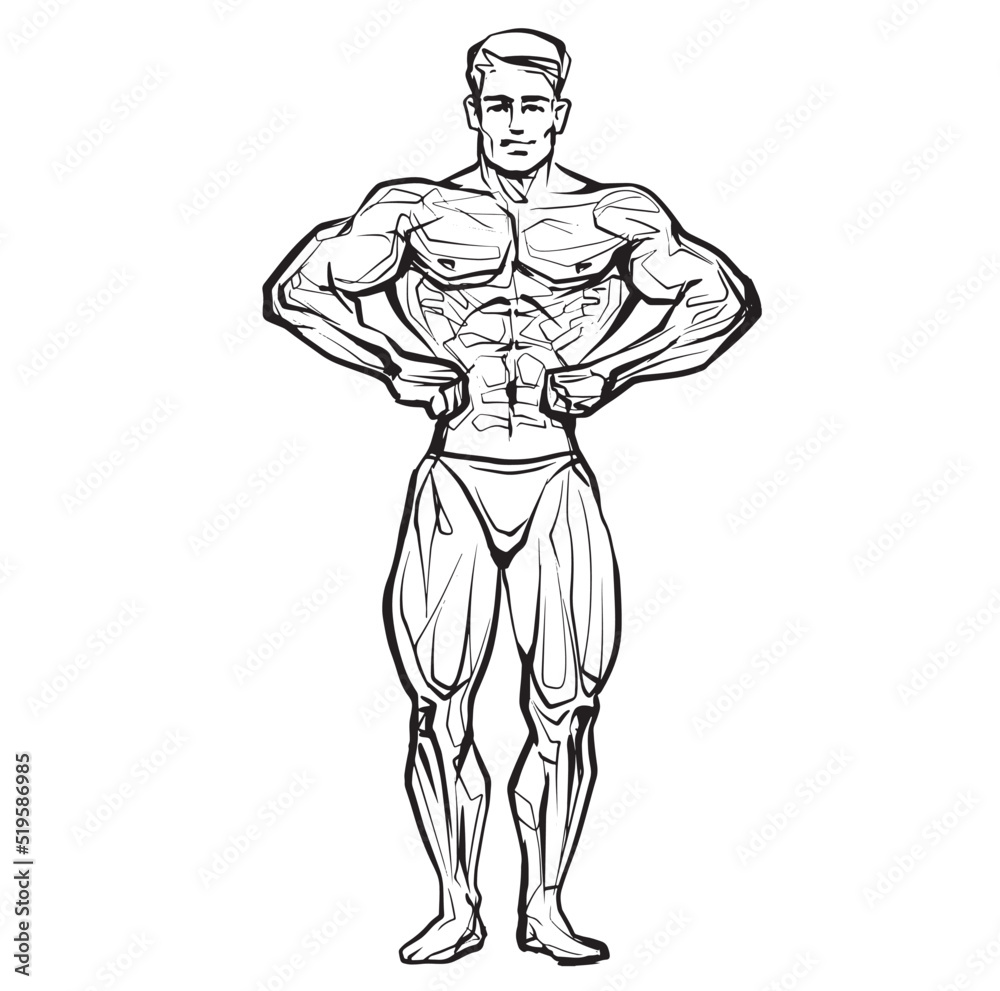 Bodybuilder muscle man fitness posing Black And White Isolated Hand ...