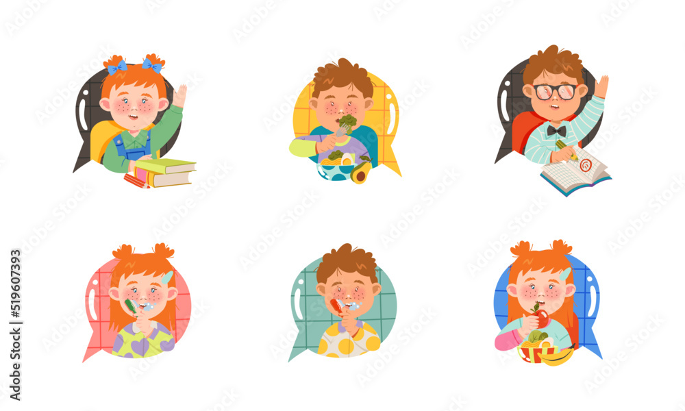 Daily Routine of Little Boy and Girl Character with Eating Breakfast ...