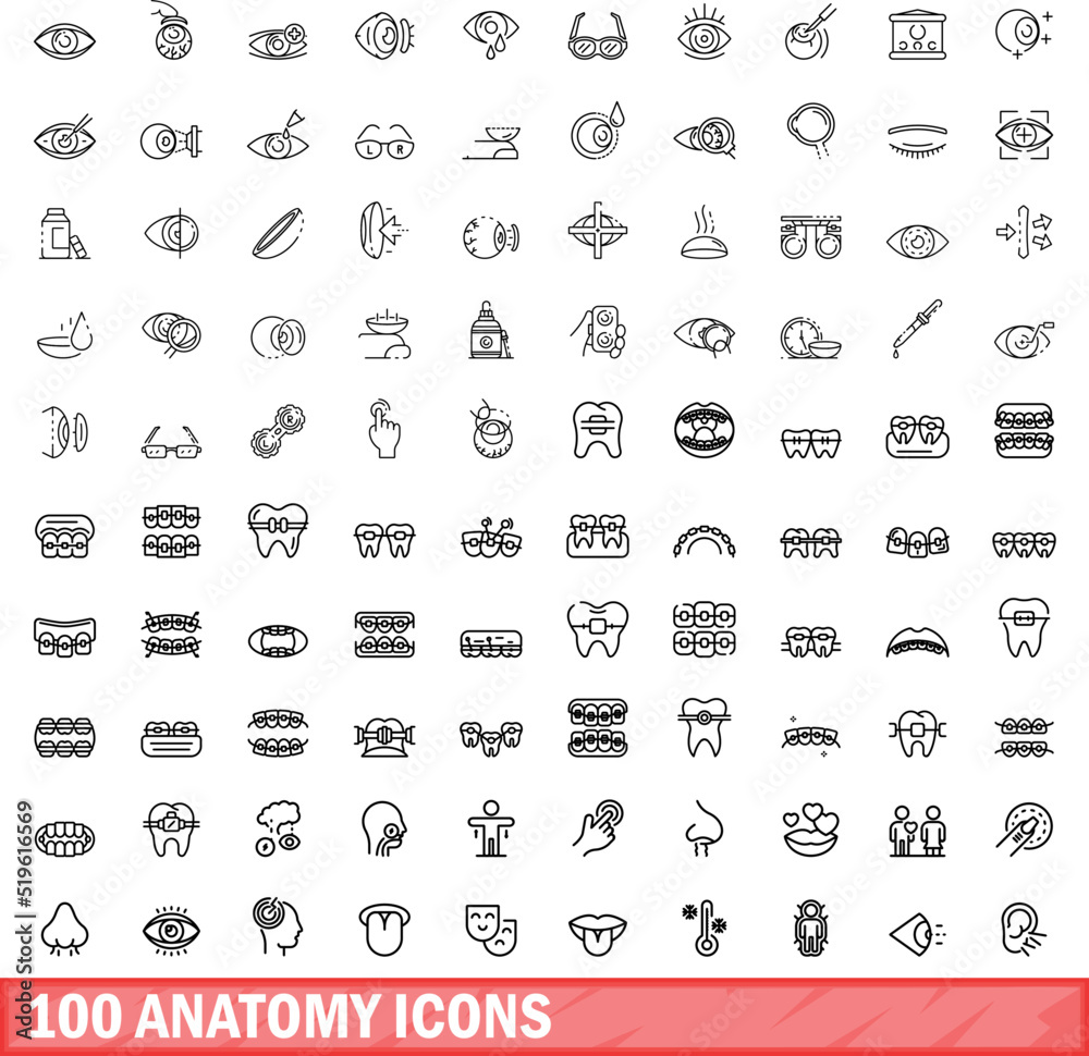 100 anatomy icons set. Outline illustration of 100 anatomy icons vector ...