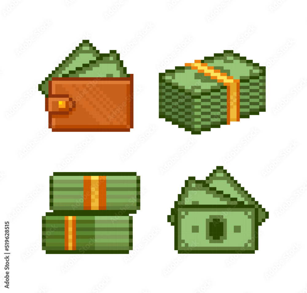 Pixel Art Cash Money vector icons set. Pixel wallet with bills, stack ...