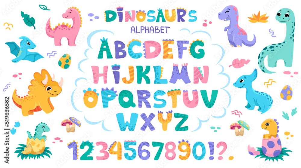 เวกเตอร์ Stock Cute Dino font with alphabet letters, dinosaurs, signs ...