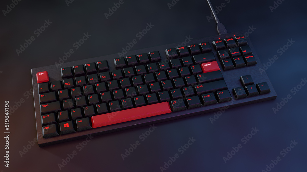 Mechanical keyboard 3D illustration, metal frame, red and black key ...