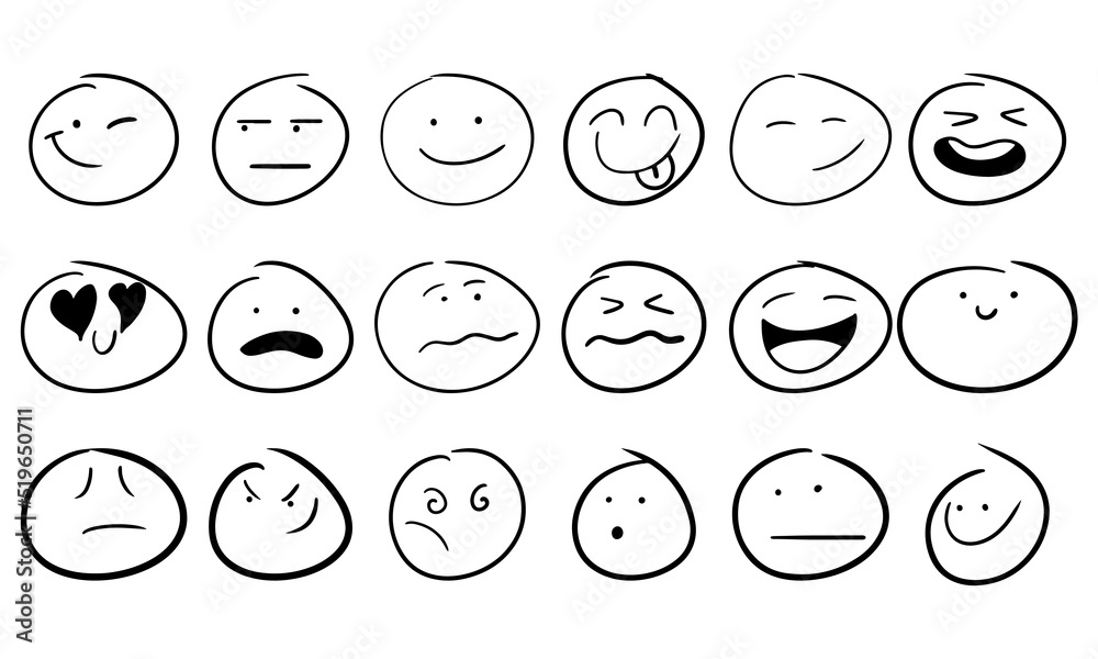 Smiley handdrawn face doodle icon and freehand smile. Emoticon sign ...