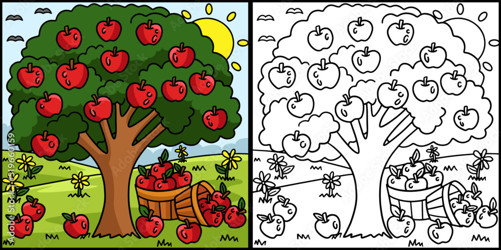 Apple Tree Coloring Page Colored Illustration Stock Vector | Adobe Stock