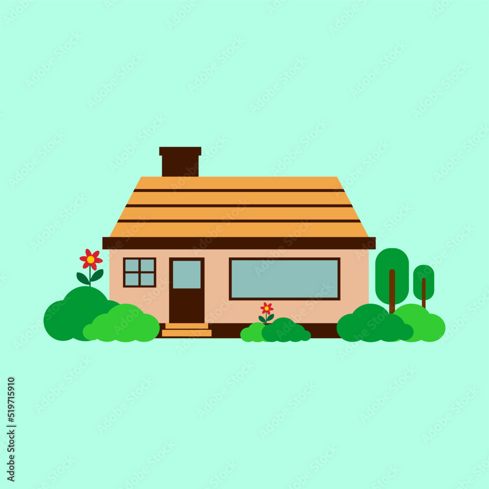 simple house exterior vector illustration, flat design, with plants ...