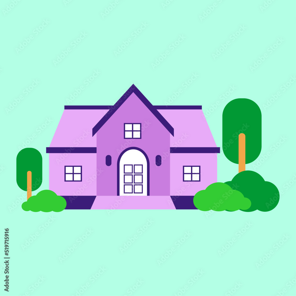 simple house exterior vector illustration, flat design, with plants ...