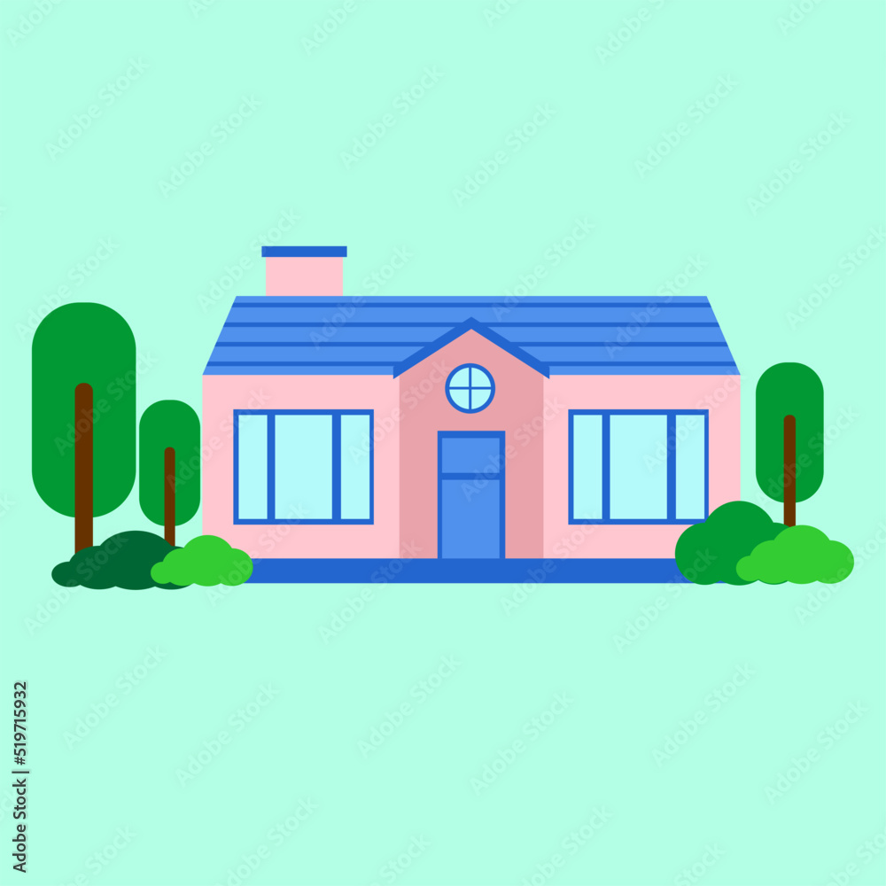 simple house exterior vector illustration, flat design, with plants ...