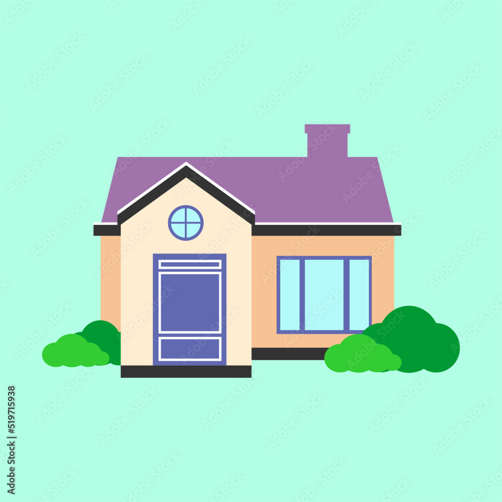 simple house exterior vector illustration, flat design, with plants ...