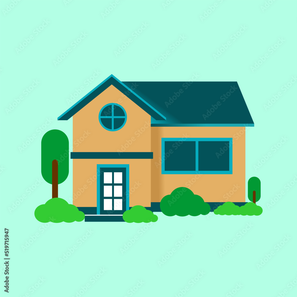 simple house exterior vector illustration, flat design, with plants ...
