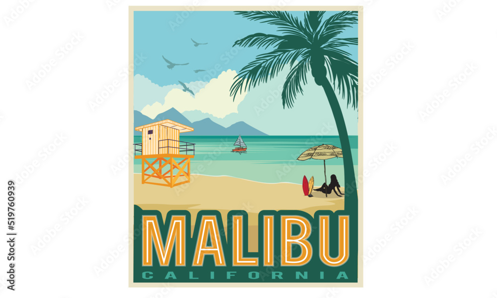 Malibu beach print design for posters, stickers, background and others ...