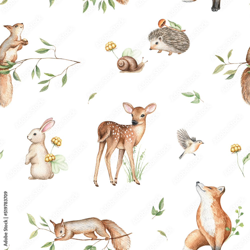 Watercolor seamless pattern with hand drawn wild woodland baby animals ...