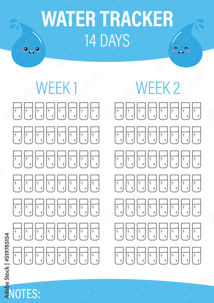 Стоковий вектор Water tracker for 2 weeks, 14 days. A4 printable poster ...