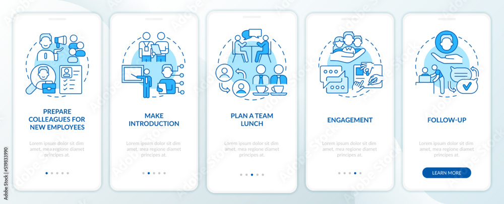 Developing adaptation process blue onboarding mobile app screen. Walkthrough 5 steps editable ...