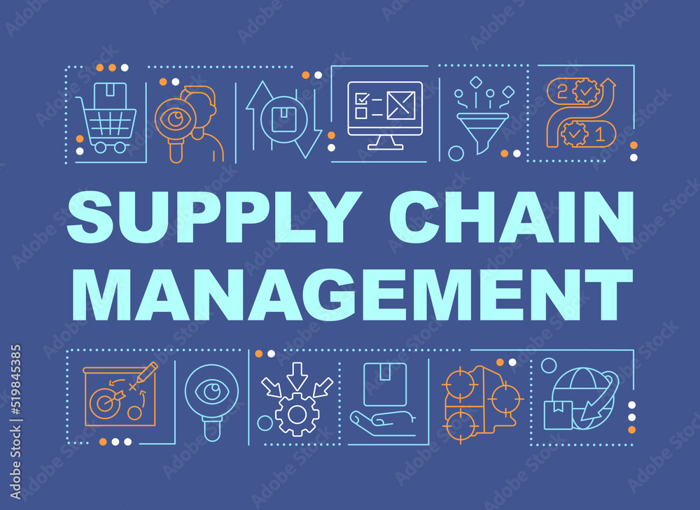 Supply chain management word concepts dark blue banner. Logistics. Infographics with editable ...