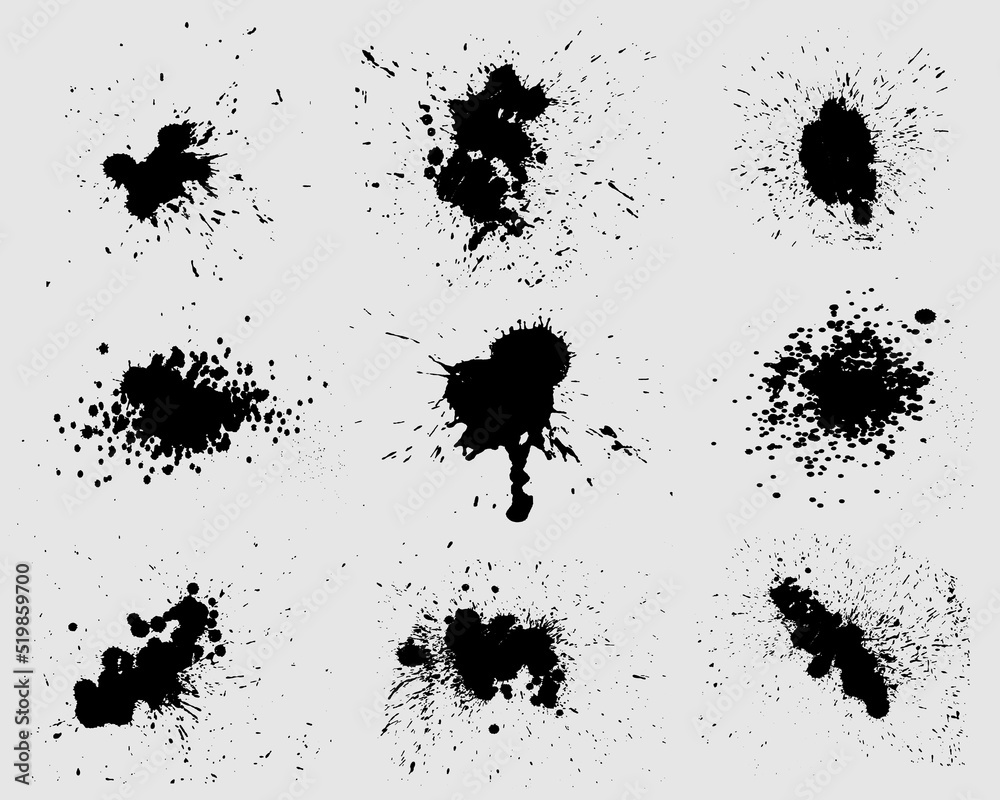 Ink drops and splashes. Blotter spots, liquid paint drip drop splash ...