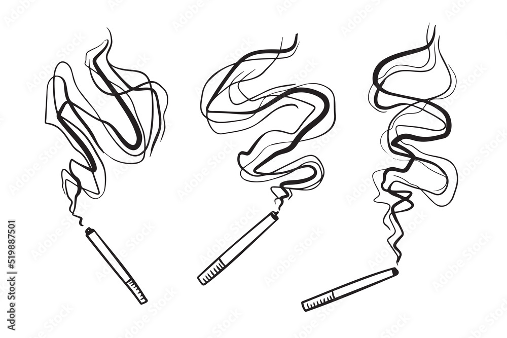 Cigarette drawing single one with a lot of thick smoke. Simple outline ...