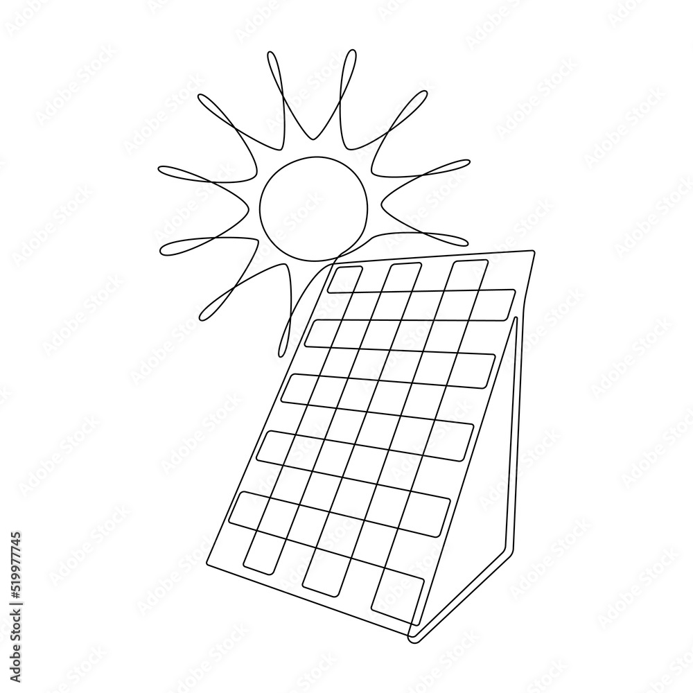 One continuous line drawing of Solar panel with sun. Green clean energy ...