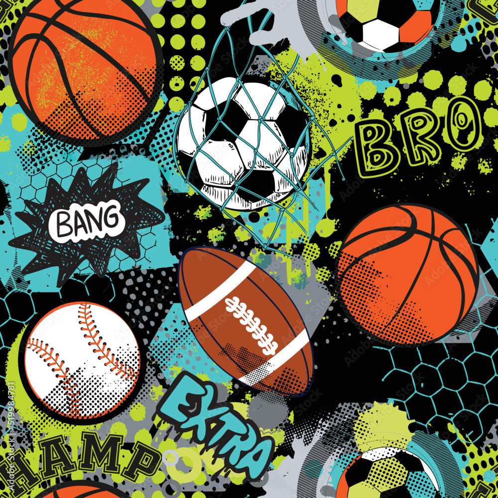 Seamless sport pattern with balls. Repeated backdrop for fashion ...