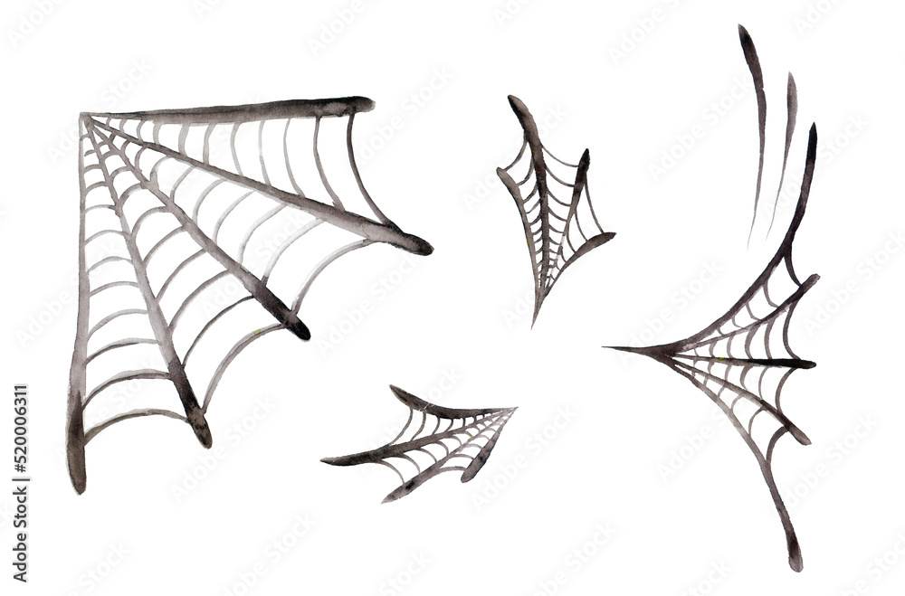 Watercolor collection of black spider and web. Scary spiderweb ...