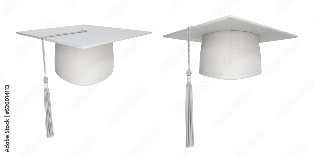 A set of graduation caps in white on a white background, 3d render ...