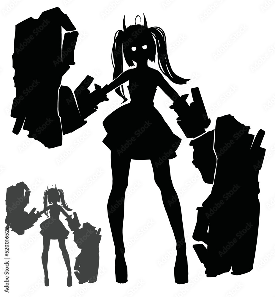 Black silhouette of a cyborg girl with huge prosthetic hands the size ...