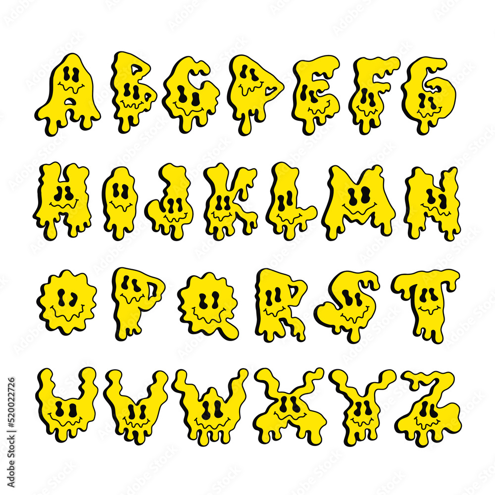 Trippy melt emoji face font.Vector hand drawn cartoon character ...
