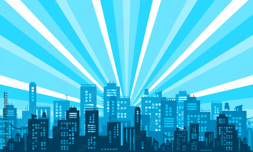 Comic burst radial blue background with city silhouette Stock Vector ...