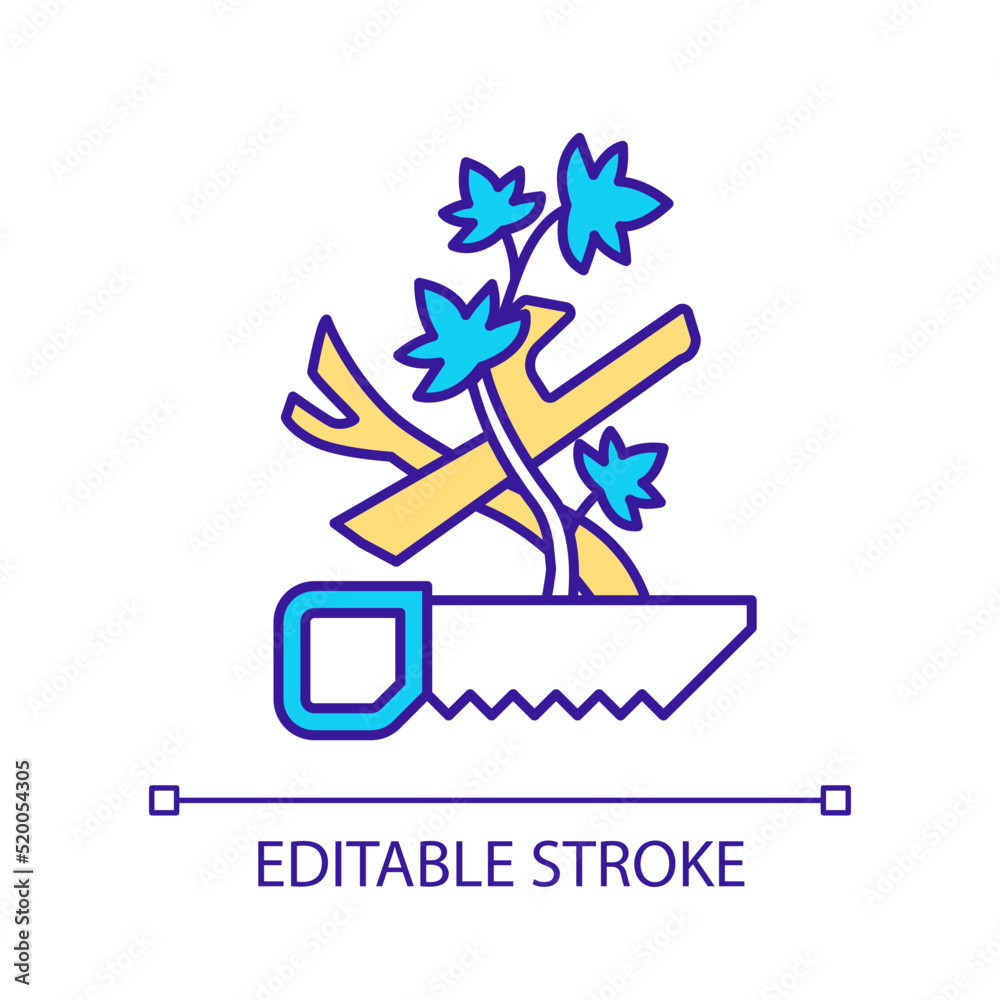 Pruning unwanted branches of trees RGB color icon. Reducing wildfire from spreading. Tree ...