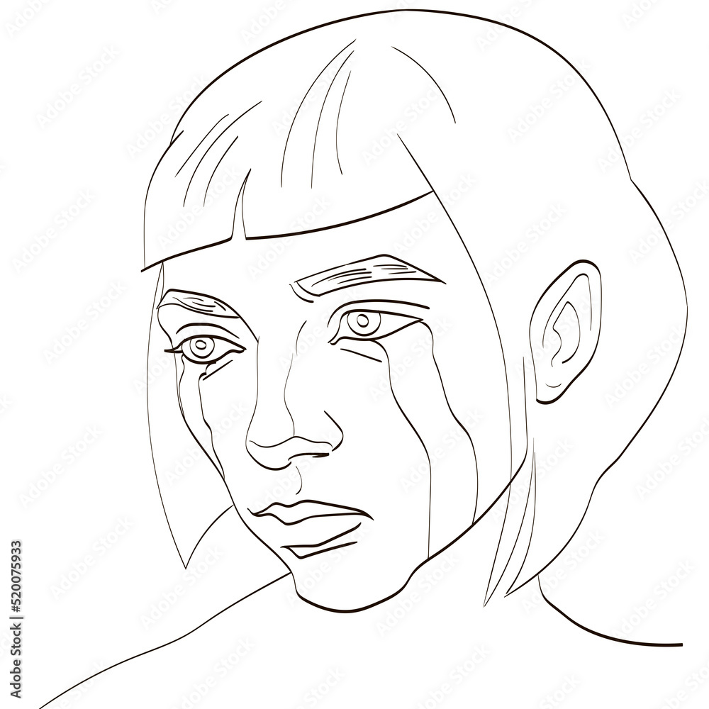Linear portrait crying girl contour for coloring. Human emotions ...